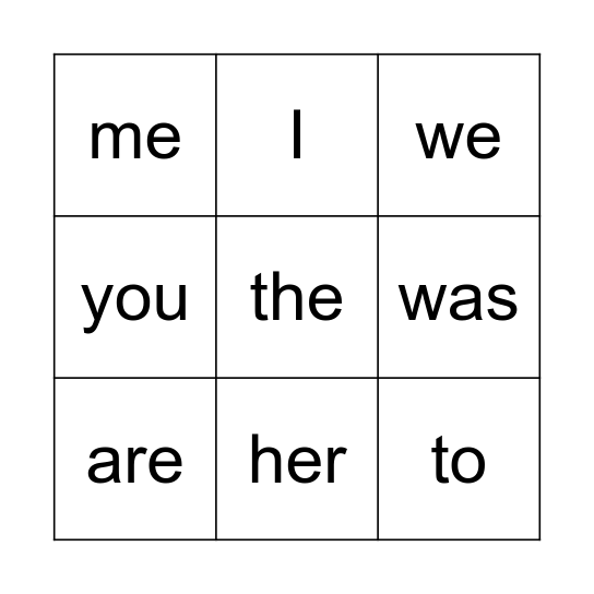Tricky Word Bingo Card
