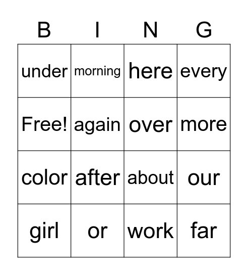 Unit Words Bingo Card
