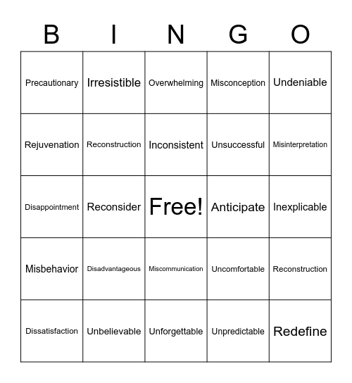 Multisyllabic Word BINGO Card