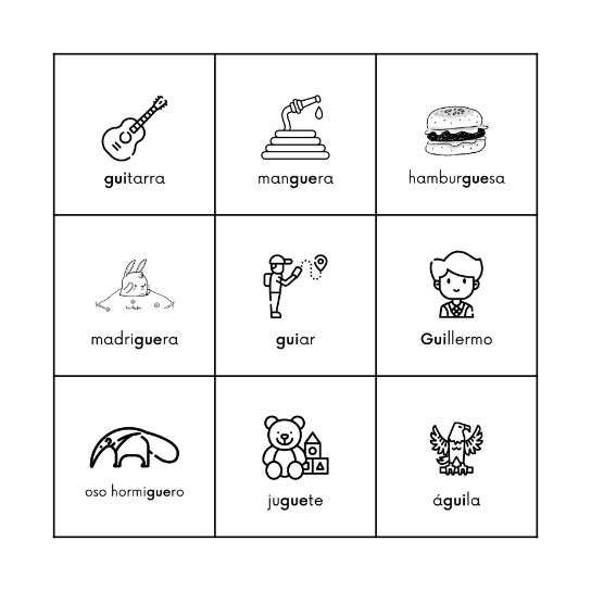 Palabras con gue-gui Bingo Card