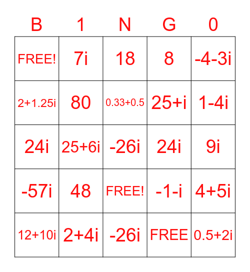 COMPLEX NUMBERS Bingo Card