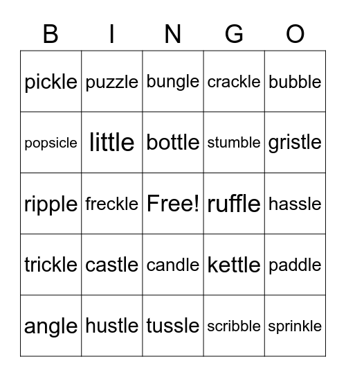 Final Stable Syllables Bingo Card