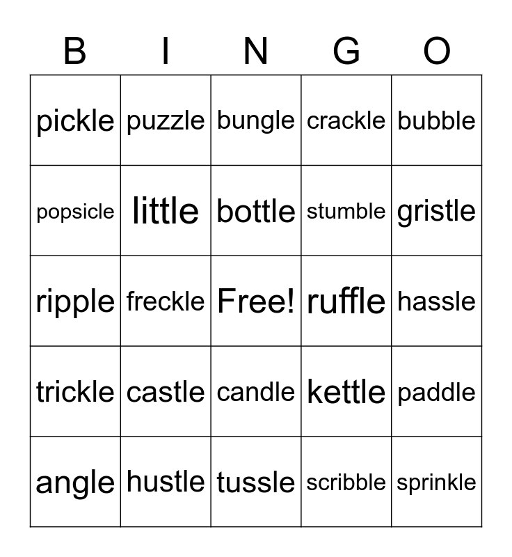 Final Stable Syllables Bingo Card