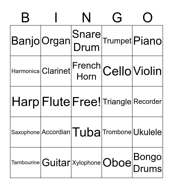 Musical Instrument Bingo Card