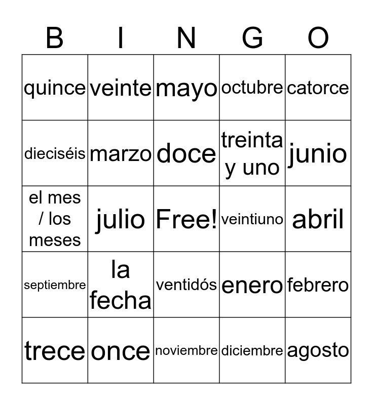 dates Bingo Card