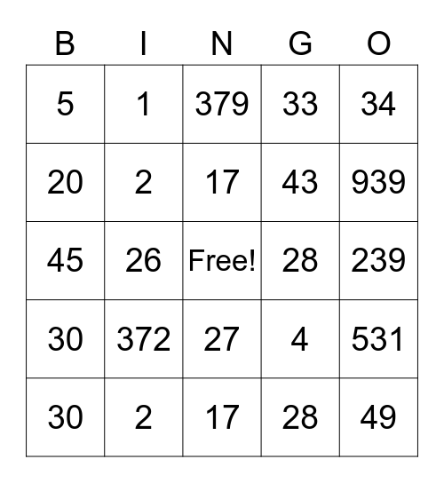 Numbers, 1-1,000 Bingo Card