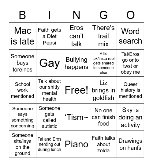 Lunch Bingo Card