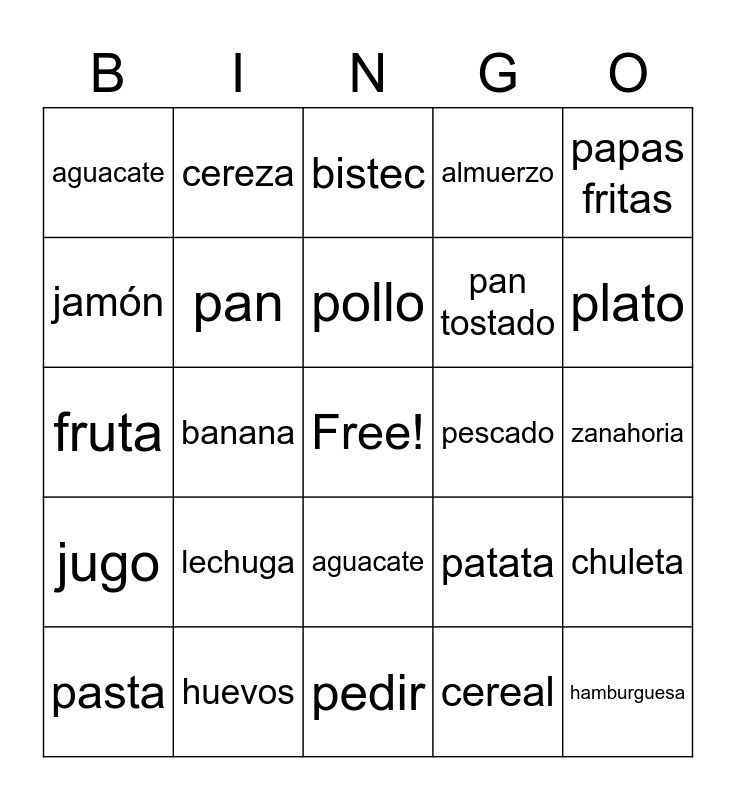 La Comida Bingo Card