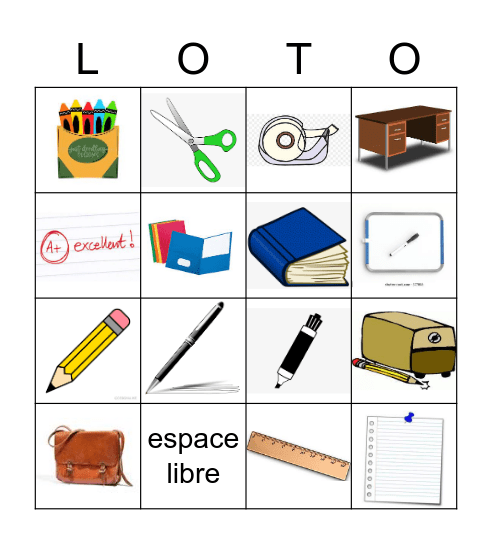les fournitures scolaires Bingo Card