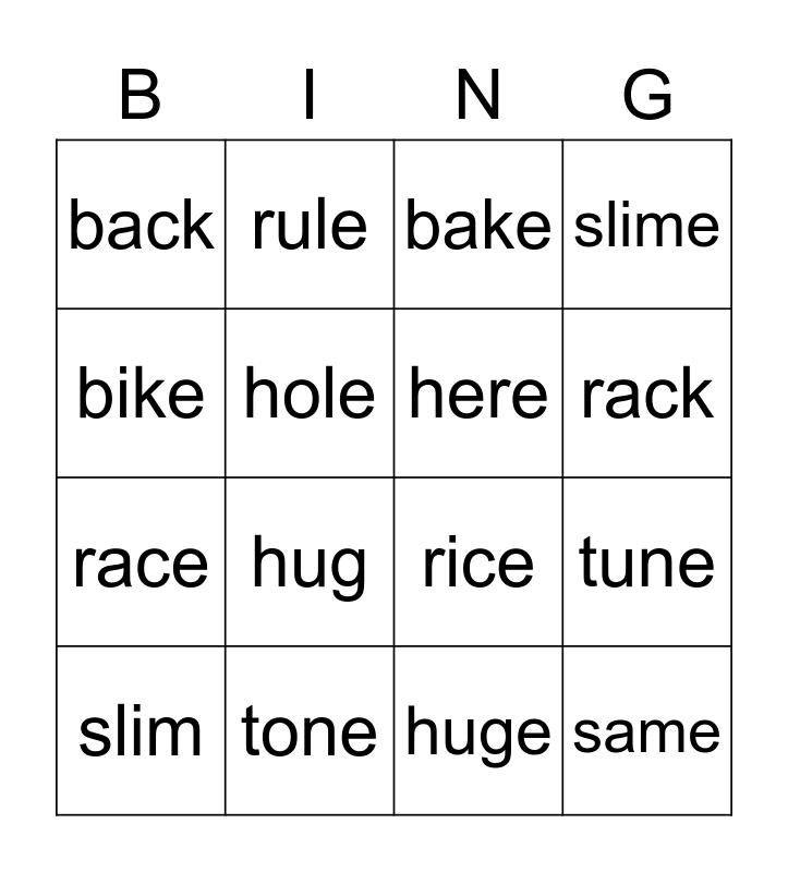 Silent e Bingo Card