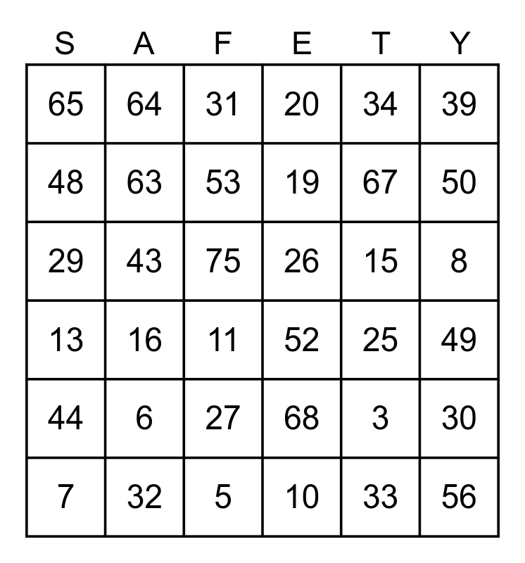 Number Bingo 1-75 Bingo Card