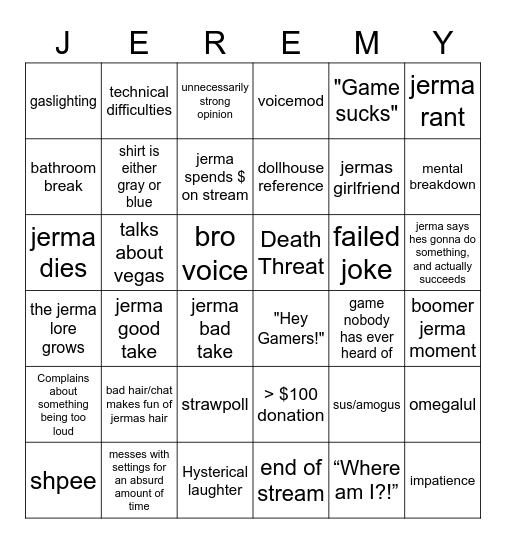 JERMA BINGO Card