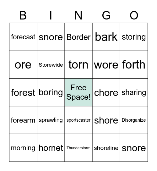 -ar, or, -ore Bingo Card