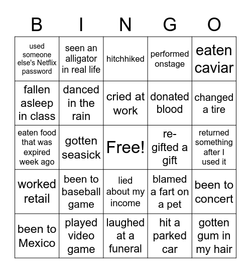 Never have I ever Bingo Card
