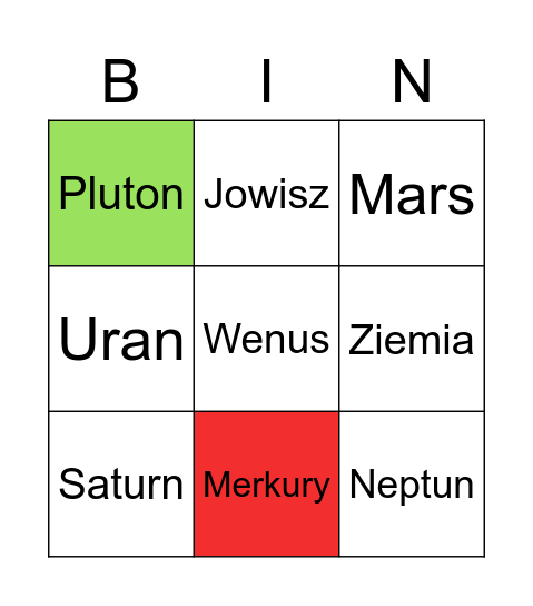 Nazwy planet Bingo Card