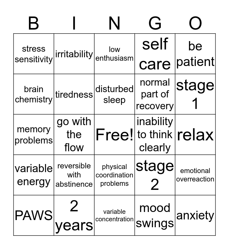Post Acute Withdrawal Syndrome Bingo Card