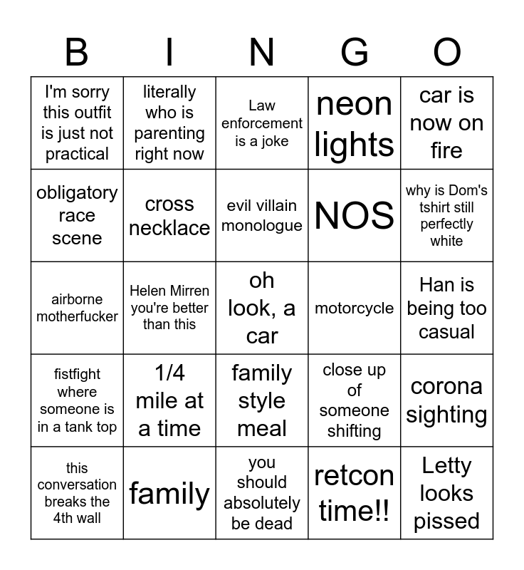 Fast Furious Bingo Card