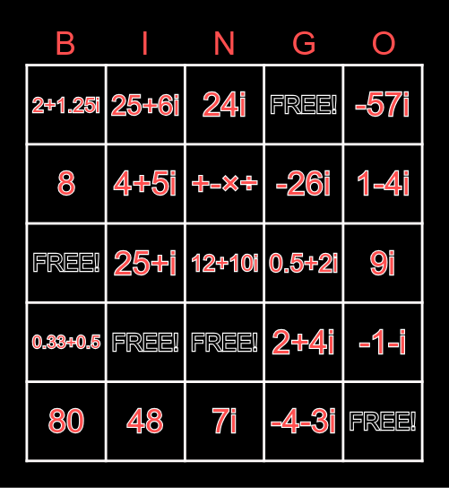 COMPLEX NUMBERS Bingo Card