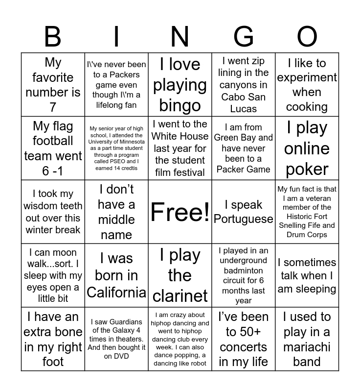 Peer Bingo Card