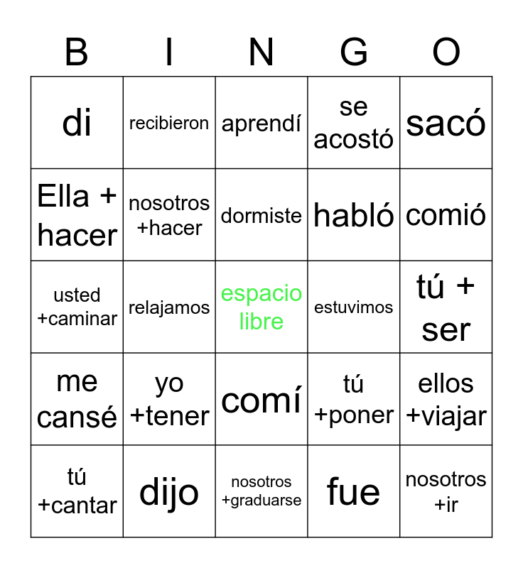 Preterite Bingo Card