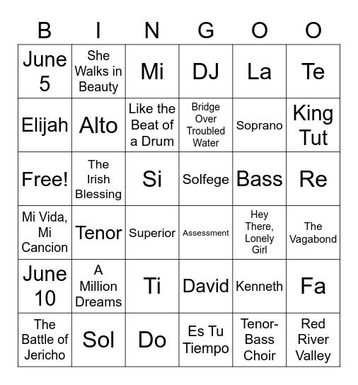 Hylton Tenor-Bass Choir Bingo Card