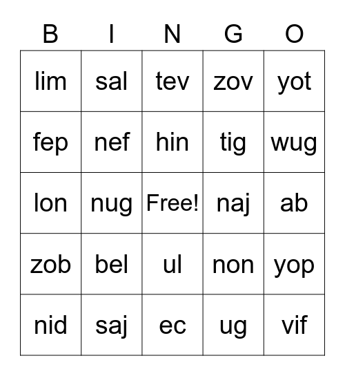 ch digraph Bingo Card