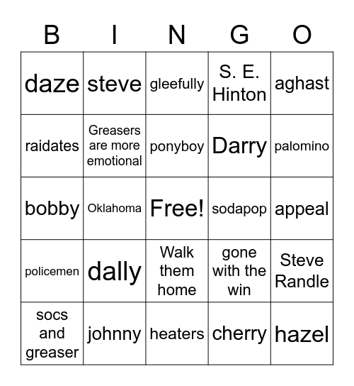 outsiders bingos Bingo Card
