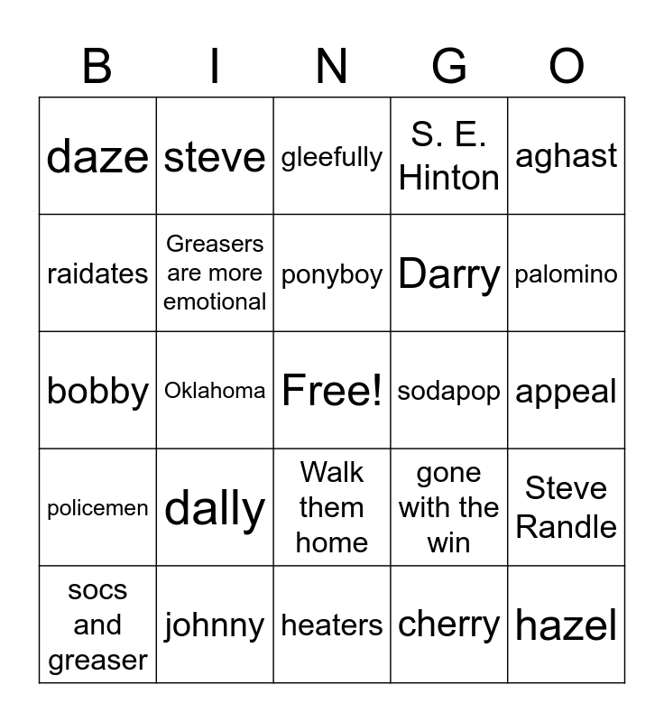 outsiders bingos Bingo Card