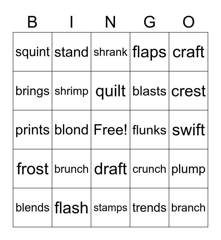 Blends, digraphs and Glued Sounds Bingo Card