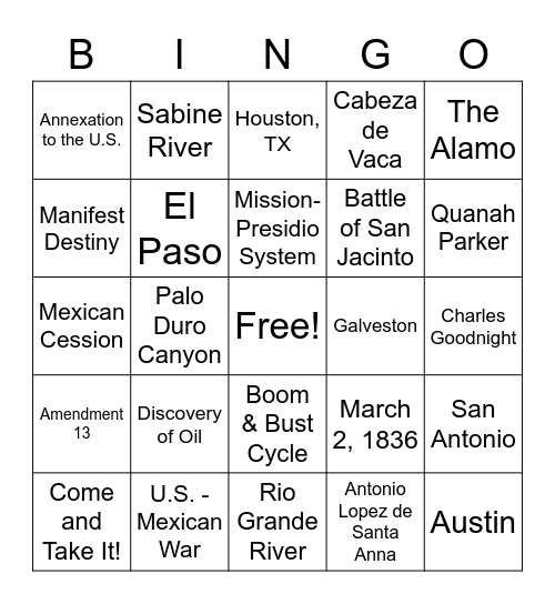 Texas History Bingo Card