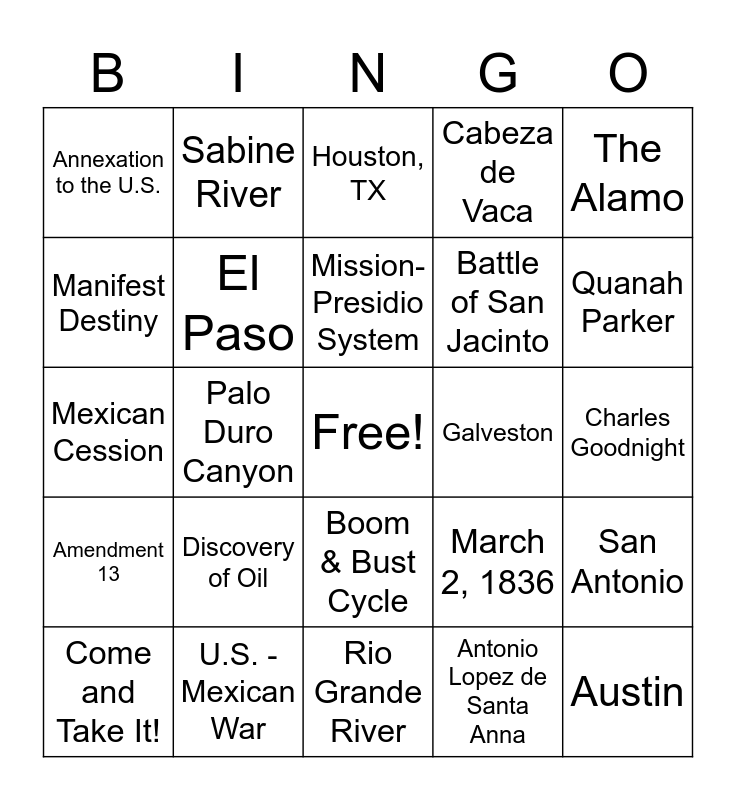 Texas History Bingo Card