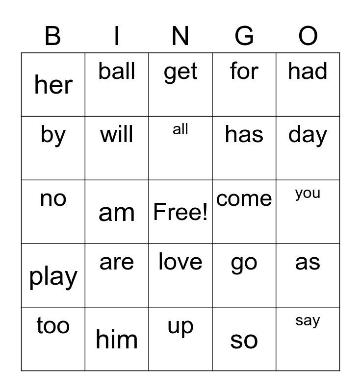 Snap Words Bingo Card