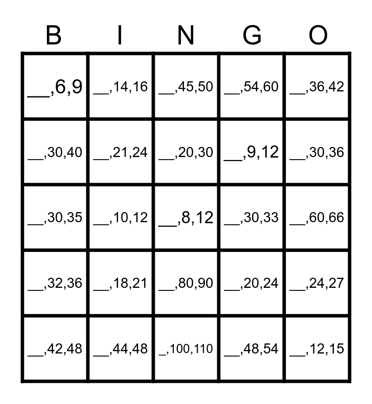 Multiples of 2,3,4,5,6,10 Bingo Card