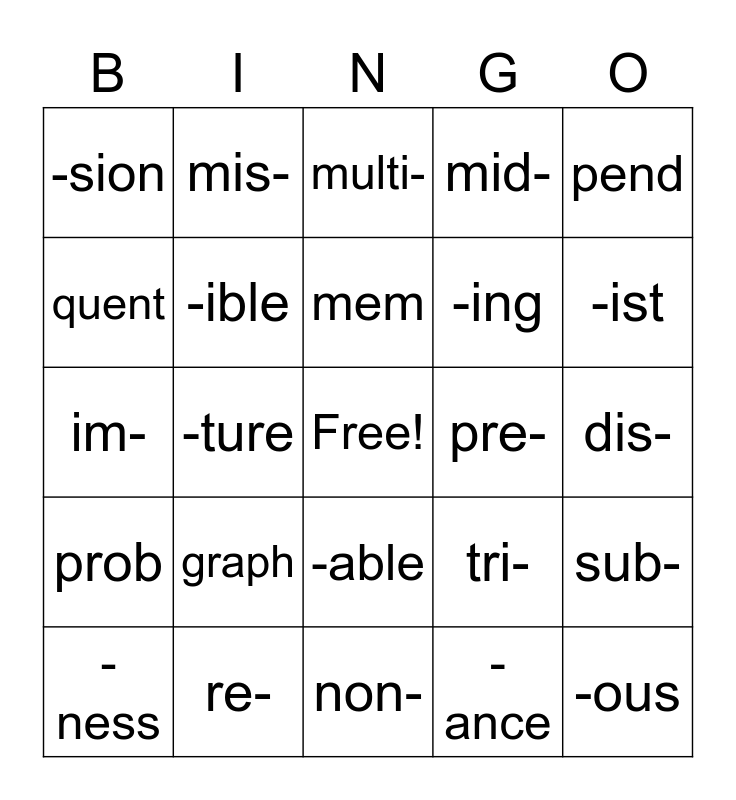 Sight Syllable BINGO :) Bingo Card