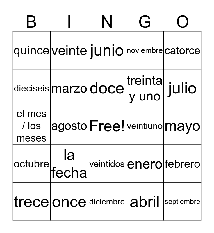 Expresar la fecha Bingo Card