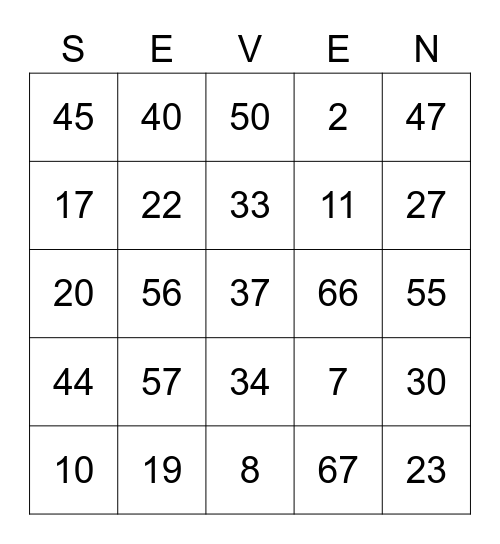 Seven Diamond Bingo Card