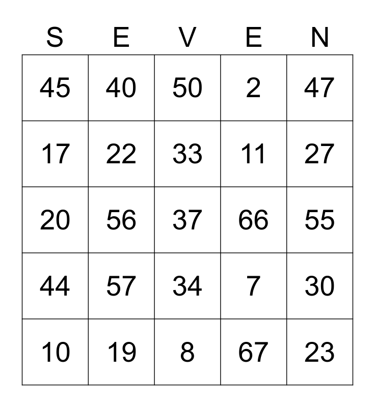 Seven Diamond Bingo Card