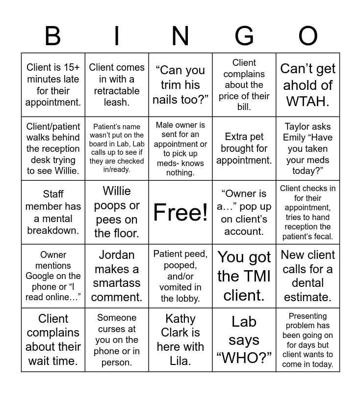 PAH Reception Bingo Card