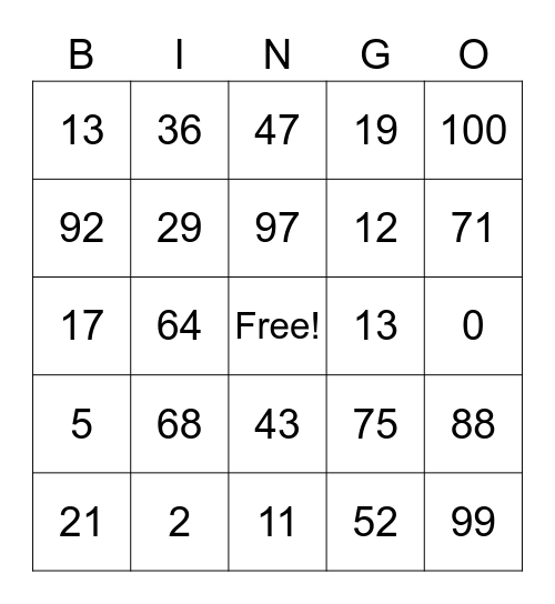 Numbers 1-100 Bingo Card