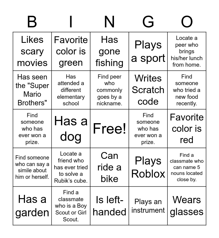 People Scavenger Hunt Bingo Card