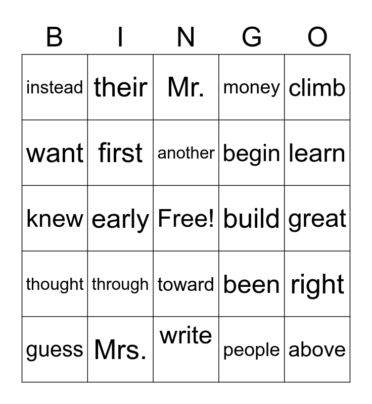 Unit 5 High Frequency Words Bingo Card