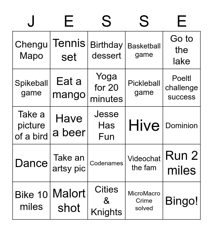 Jesse Turns 30 Bingo Card