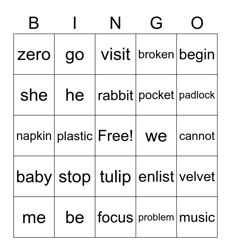 Open and Closed Syllable Bingo Card