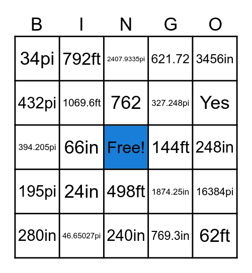 Volume and Surface Area Bingo Card