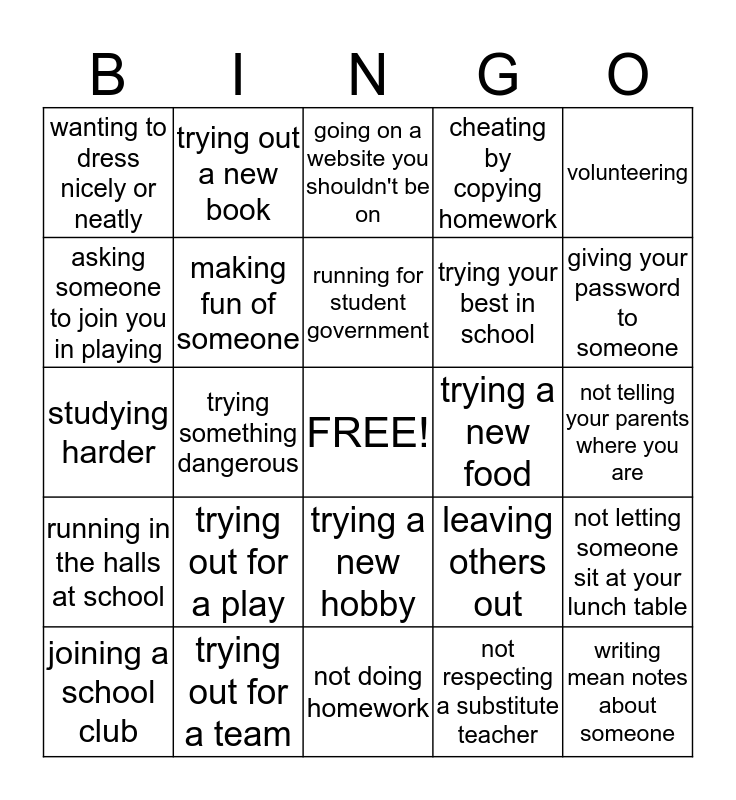 Peer Pressure Bingo Card