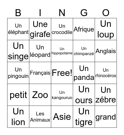 Les Animaux du Zoo Bingo Card
