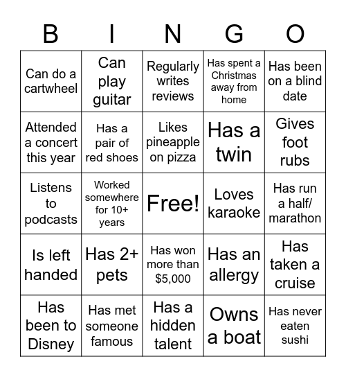 Get to Know Me Bingo Card