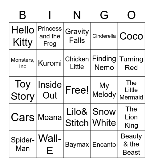 Cartoon/Disney Club Bingo Card