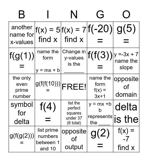 use these functions to solve f(x) = 2x-13, g(x) = x(11-x) Bingo Card