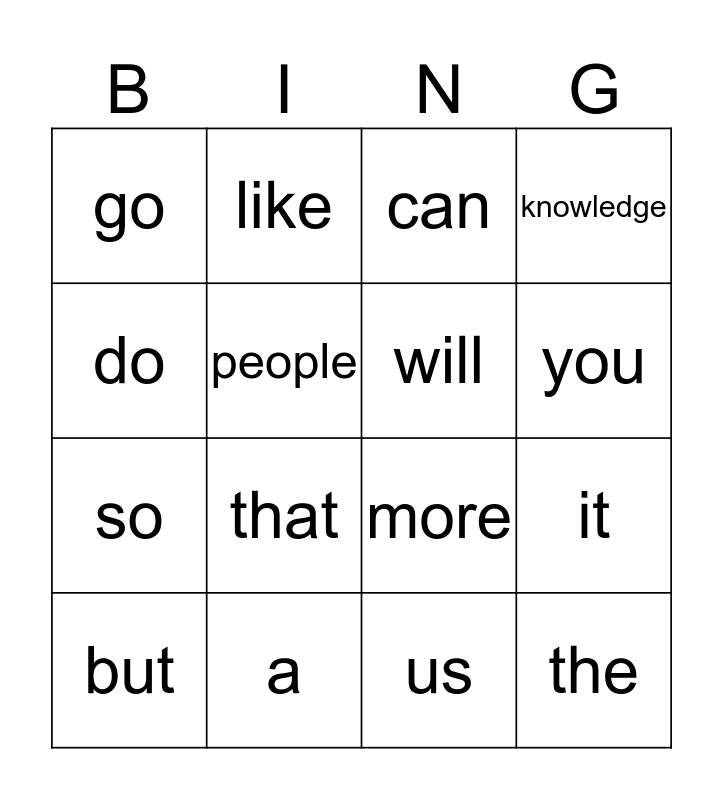 Braille Words Bingo Card